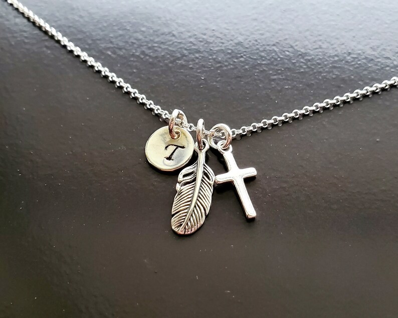 Personalized Feather Cross Initial Necklace Sterling Silver - Etsy