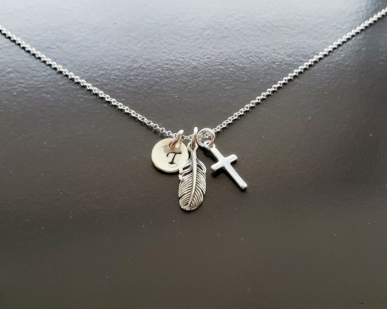 Personalized Feather Cross Initial Necklace Sterling Silver - Etsy