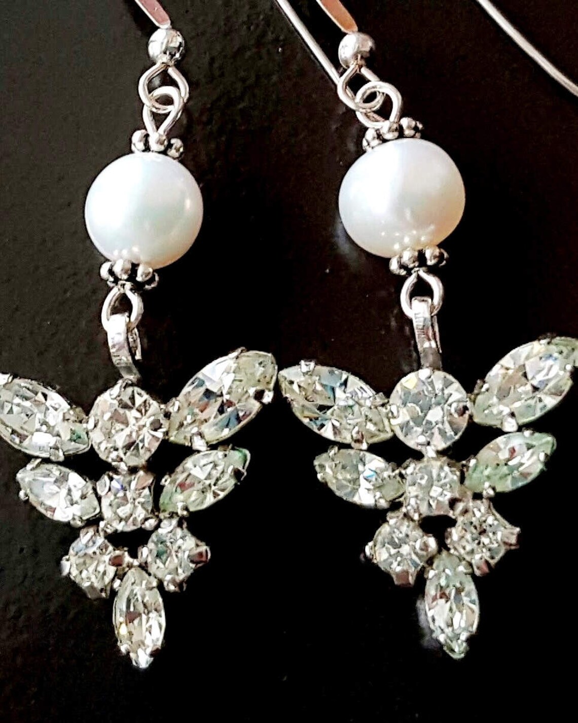 Vintage Crystal Pearl Sterling Silver Earrings Long Pearl - Etsy