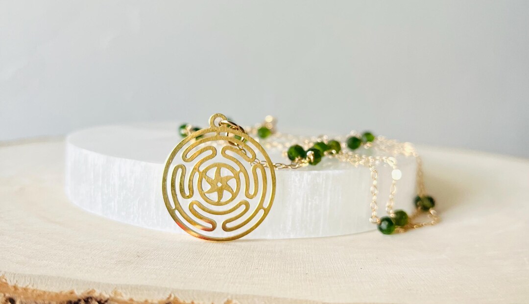 Dainty Hecate Necklace • Gold Hecate Wheel Necklace • Green Gemstone ...