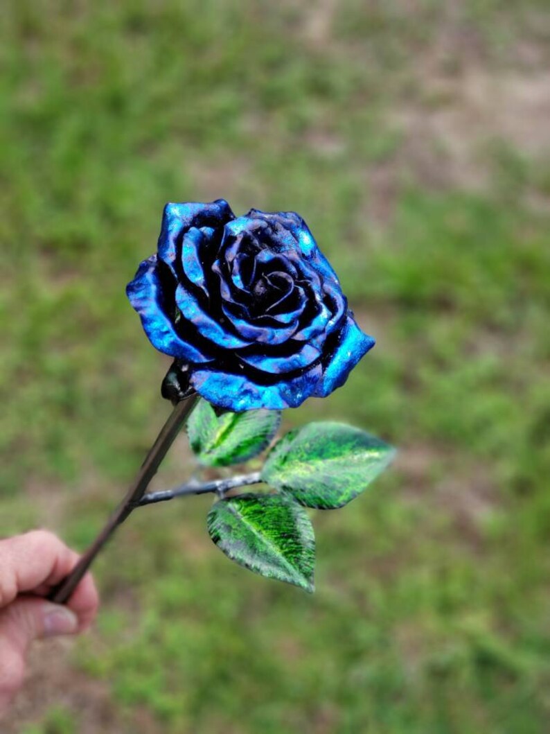 Something Blue Metal Rose Long Stem Rose 11th Anniversary | Etsy