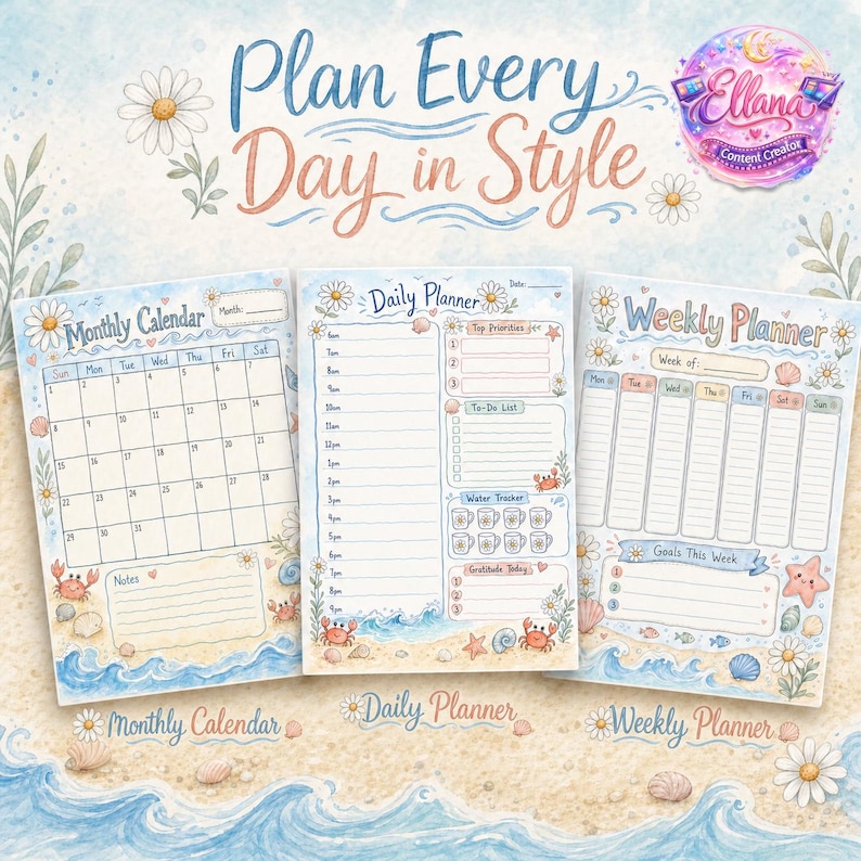 Printable and Digital Planner | Beach Theme, Cute Girl Planners ...
