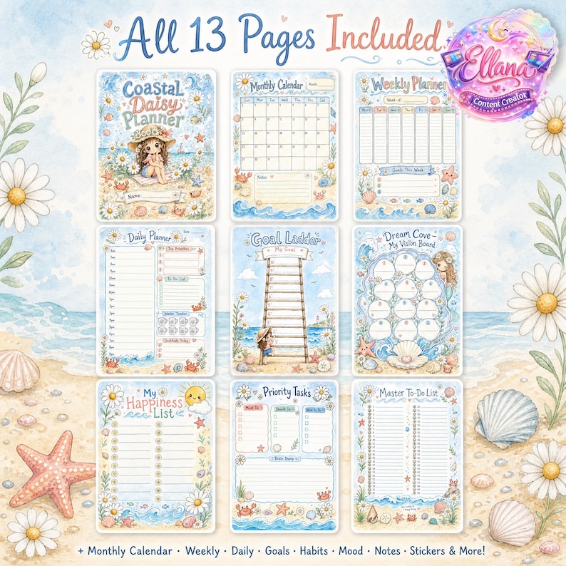 Printable and Digital Planner | Beach Theme, Cute Girl Planners ...
