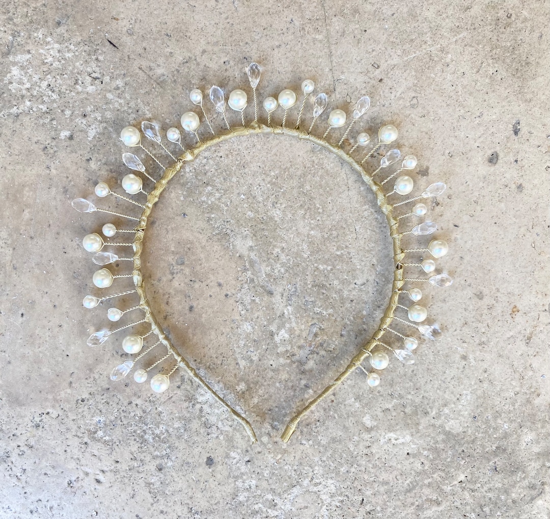 Pearl Crystal Halo Crown, Sunburst Crown, Bridal Crown, Met Gala Crown ...