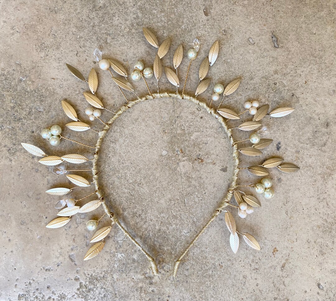 Leaf Pearl and Crystal Halo Crown - Sunburst Crown - Bridal Crown - Met ...