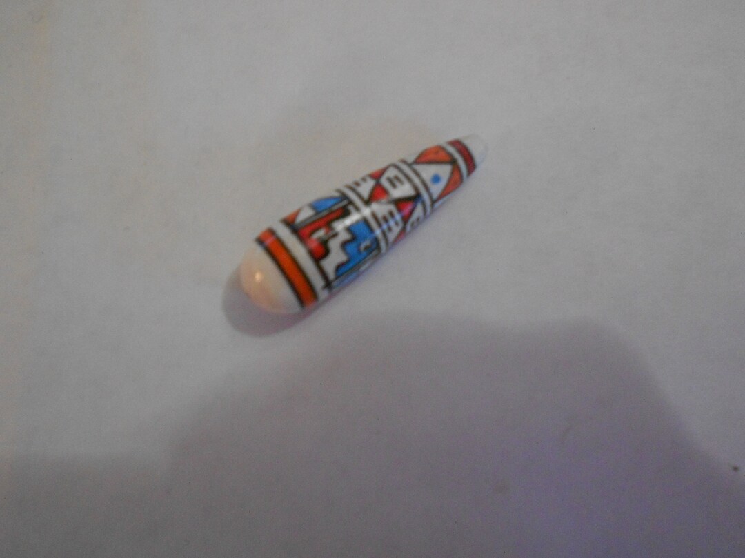 Vintage Painted Peruvian Clay Bead - White W/blue, Red, Orange & Black ...