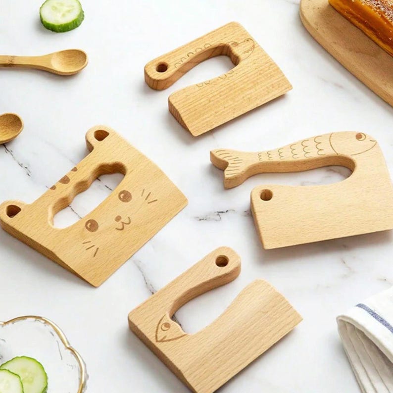 Wooden Kids Knife Montessori Cutting Toy, Cat Face Toddler Knife ...