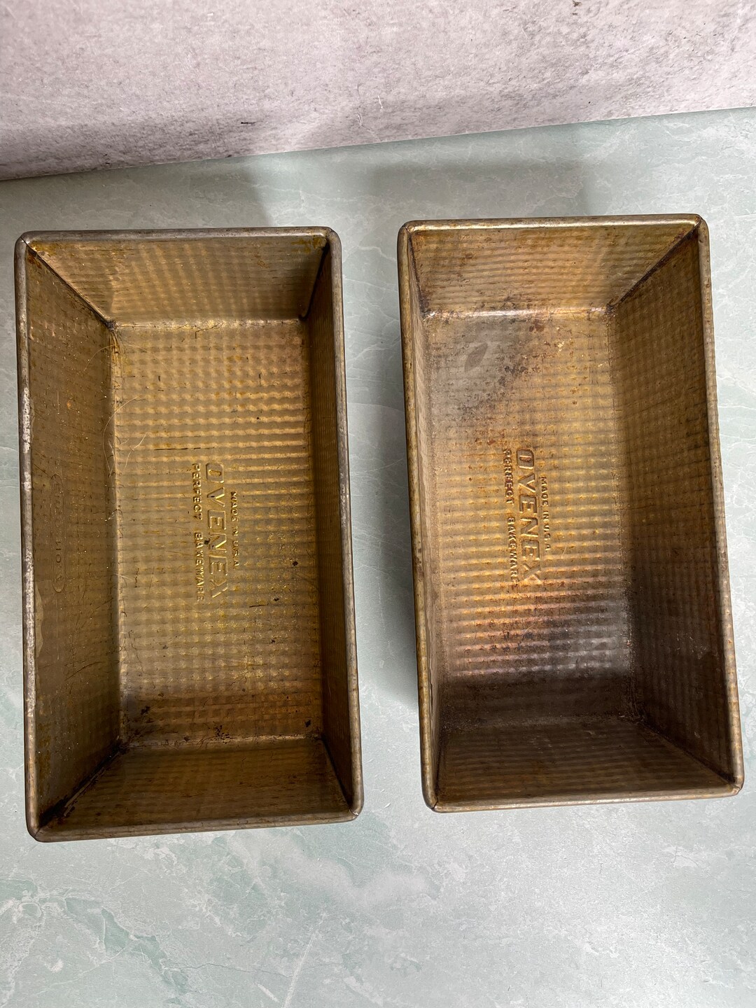 2 Vintage Ovenex Baking Metal Bread Loaf Pans USA 8 3/4" Waffle Pattern ...