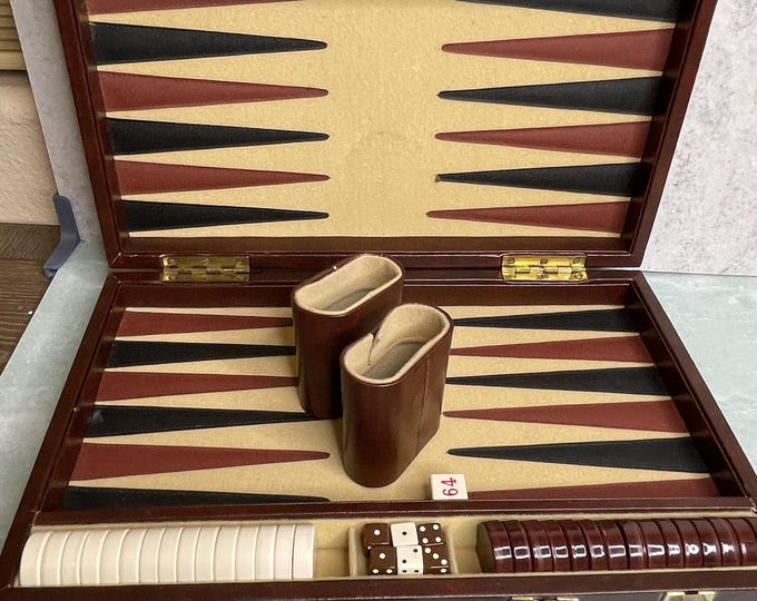 Vintage BACKGAMMON Game Set Faux Leather Briefcase Style Brown Color 20 ...
