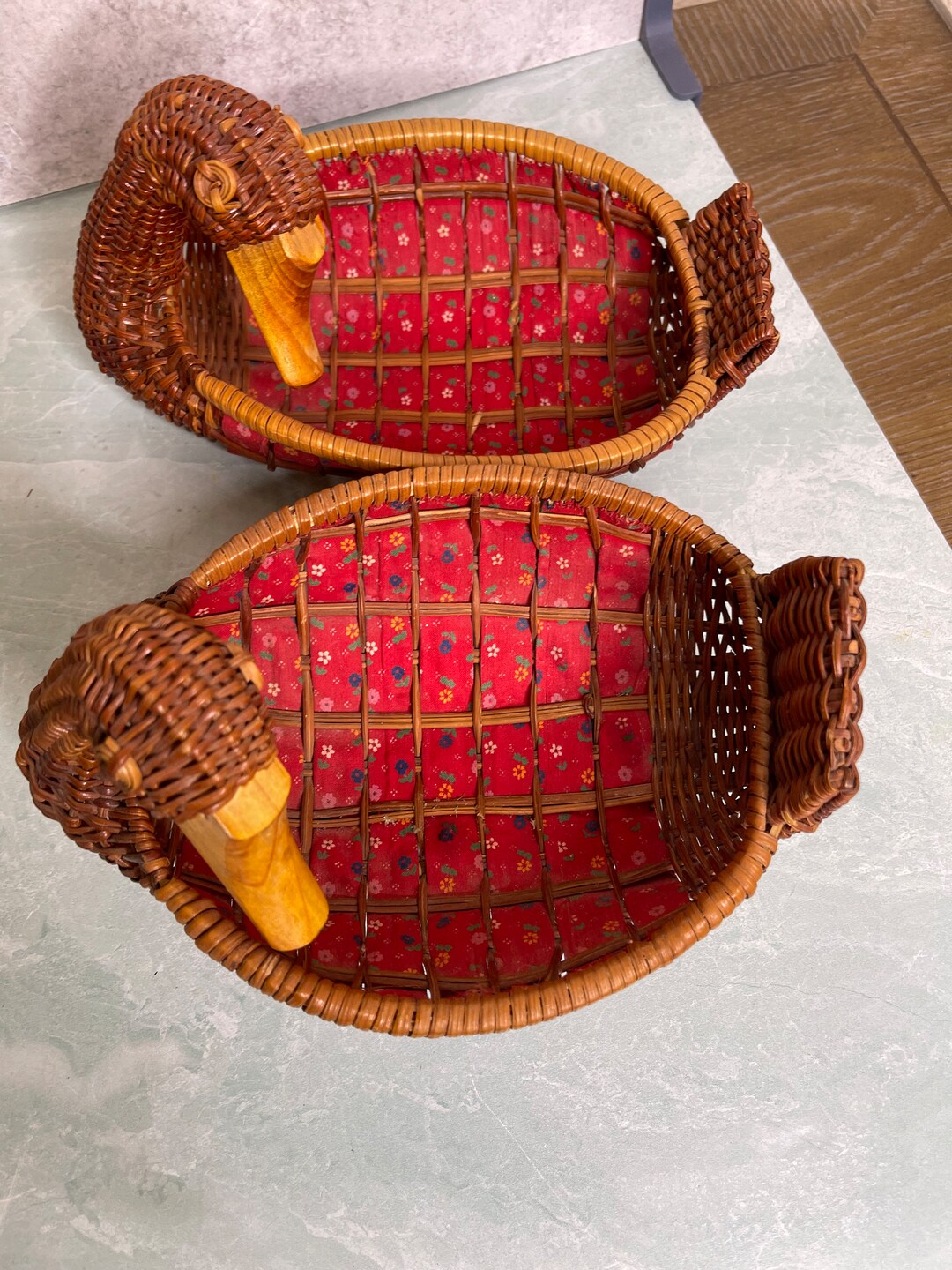 Two Vintage Small Duck Rattan Wicker Woven Baskets Lined Brown Curved ...