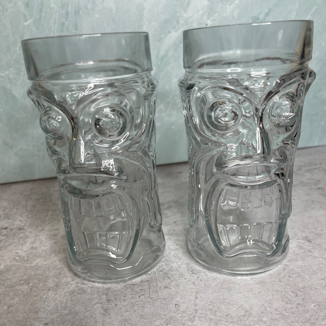 Two Vintage Anchor Hocking Screaming Tiki Clear Glass Tumbler Glasses ...