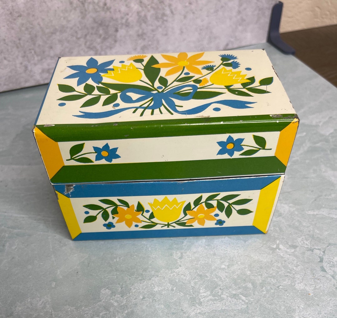 Vintage 1970s Syndicate Mfg. Metal RECIPE Box Tin Floral Flowers Empty ...