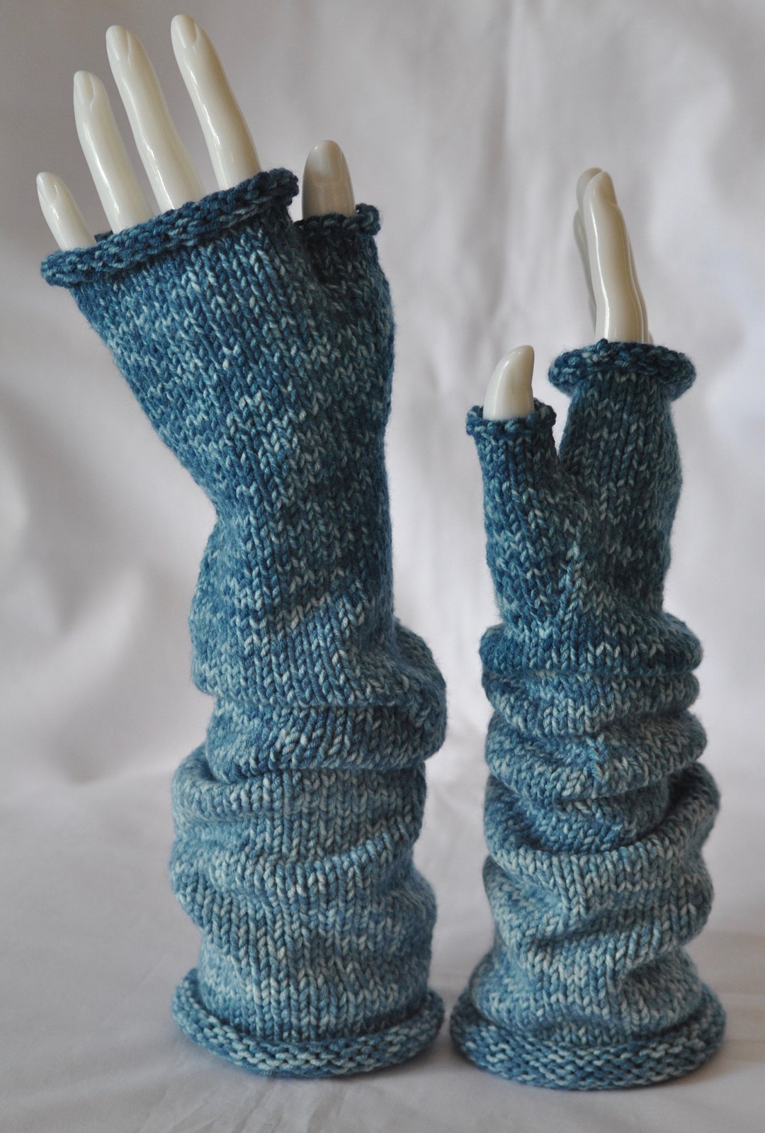 Extra Long Bunch up Blue Ombre Fingerless Mittens Hand Knit Mittens ...