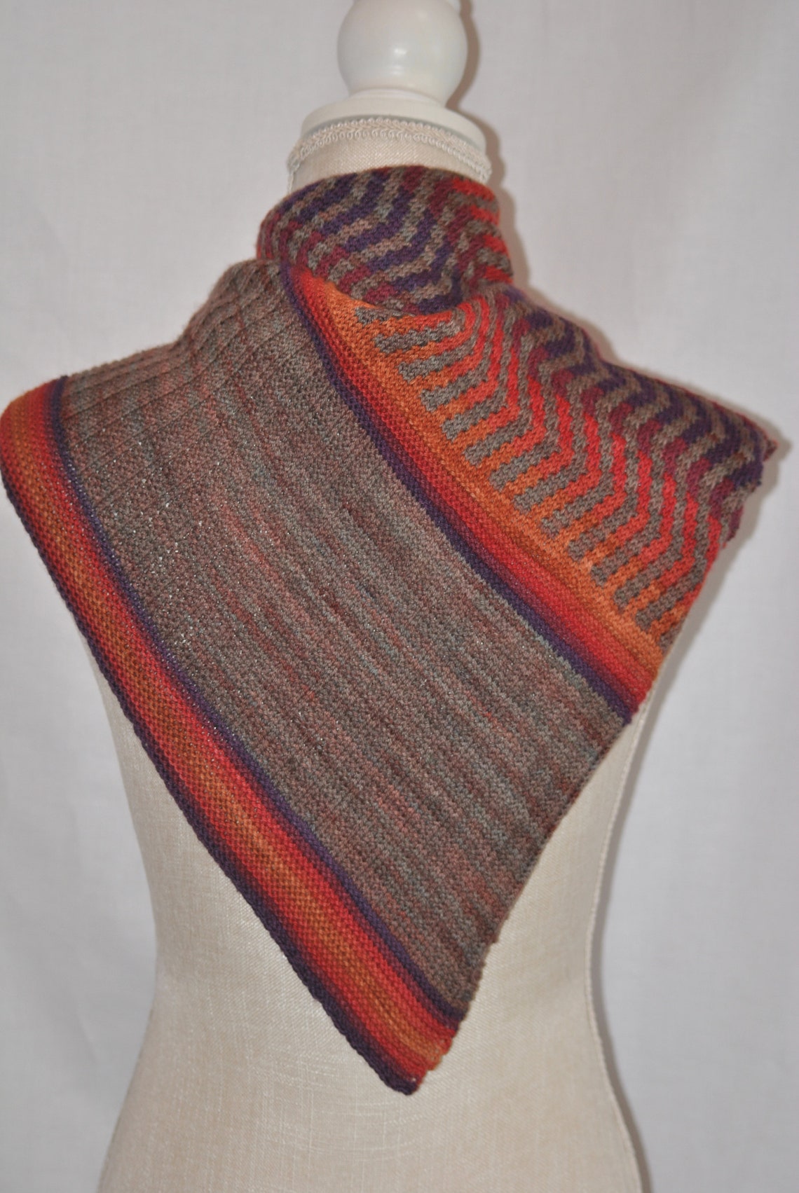 Hand Knit Delicate Asymmetrical Triangle Shawl - Fall Colors - Gradient ...