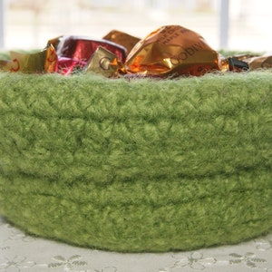 Felted Wool Bowl, Crocheted Handmade Fold Over Brim Bowl, Spring Green ...