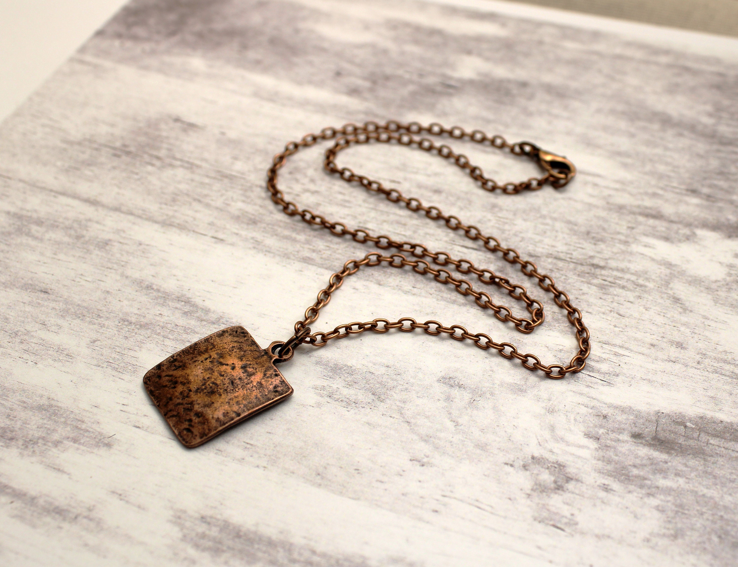 Copper Pendant Necklace, Square Antique Copper Hammered Texture Rustic ...