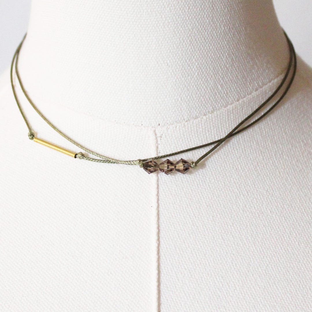 Olive Green Double Strand Choker, Crystal Beaded Choker, Brass Tube ...