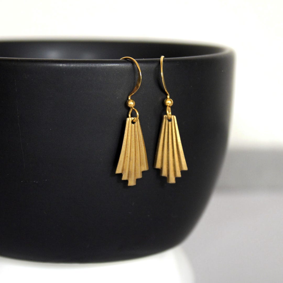 Art Deco Earrings, Small Brass Waterfall Charms 18k GP Ear Wires - Etsy