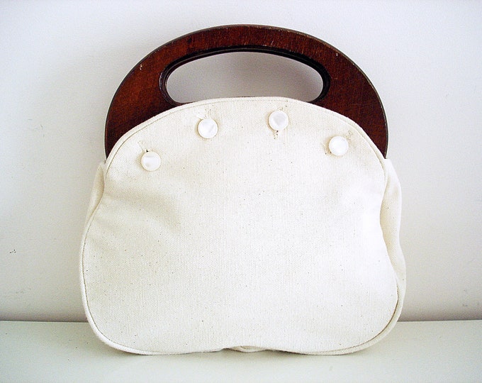 Vintage 1970s Cream Bermuda Bag/ Preppy Style/ Wooden Handles/ Tan ...