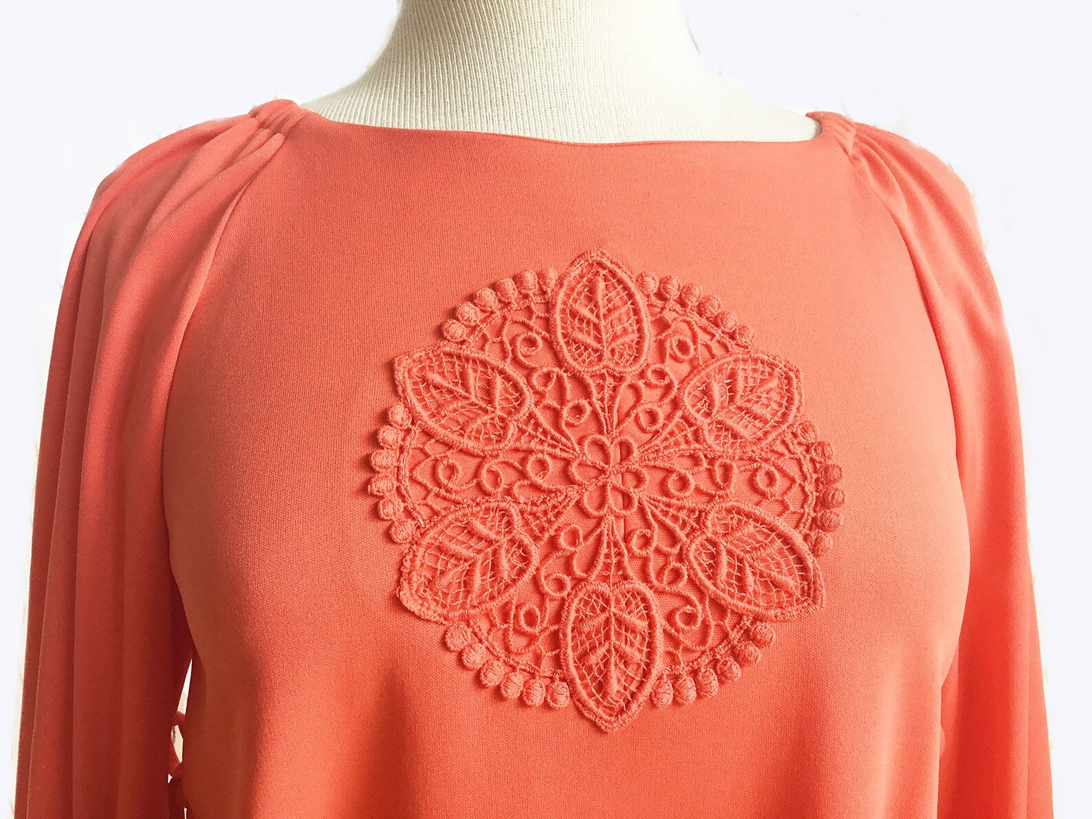 Vintage 70s Coral Blouse/ Floral Sun Lace Appliques/ Asymmetric Bright ...