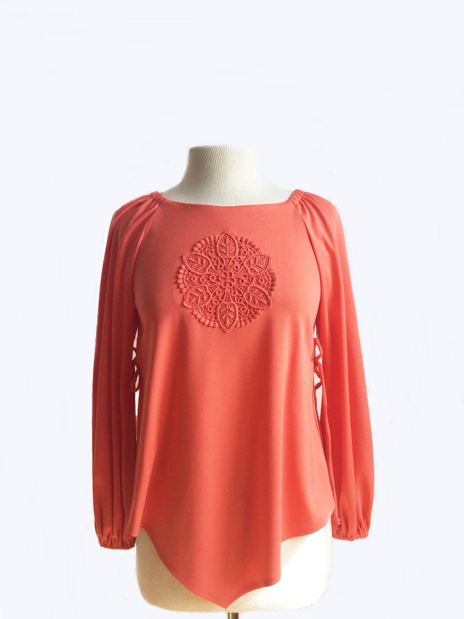 Vintage 70s Coral Blouse/ Floral Sun Lace Appliques/ Asymmetric Bright ...