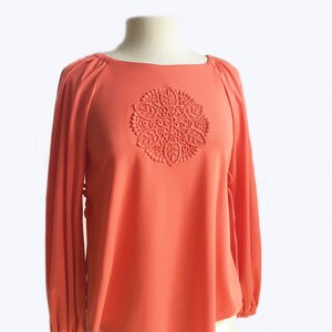 Vintage 70s Coral Blouse/ Floral Sun Lace Appliques/ Asymmetric Bright ...