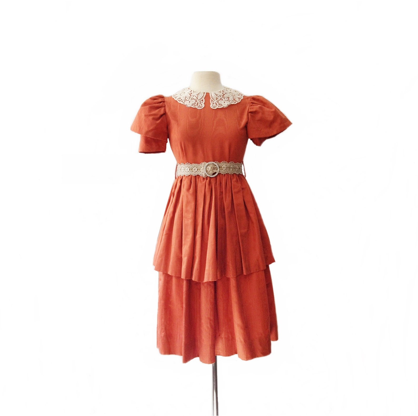Vintage Moiré Burnt Orange Cocktail Dress| Two Tier Ruffle| Lace Collar ...