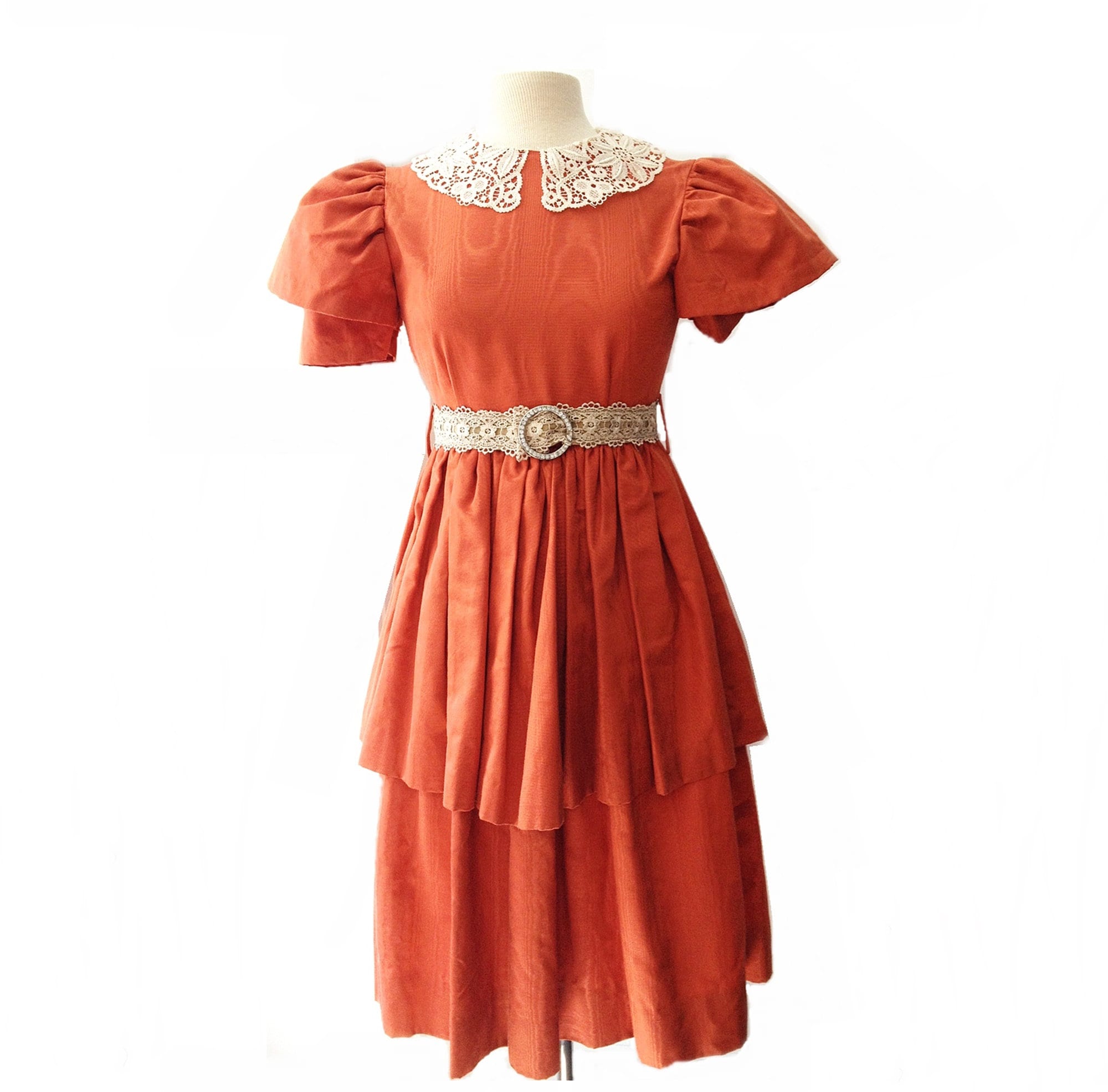 Vintage Moiré Burnt Orange Cocktail Dress| Two Tier Ruffle| Lace Collar ...