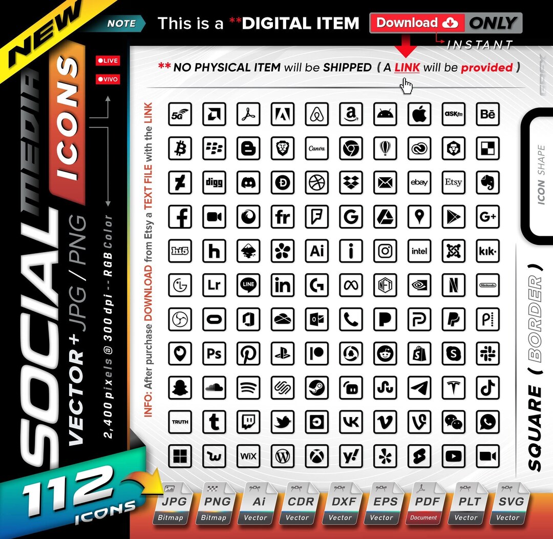 112 Social Media Icons: Square (border) Black - Bitmap Jpg, Png ...