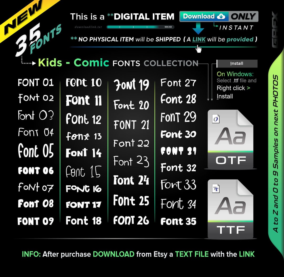 35 Kids Comic FONT Collection Ready to Install on Windows / Mac Instant ...
