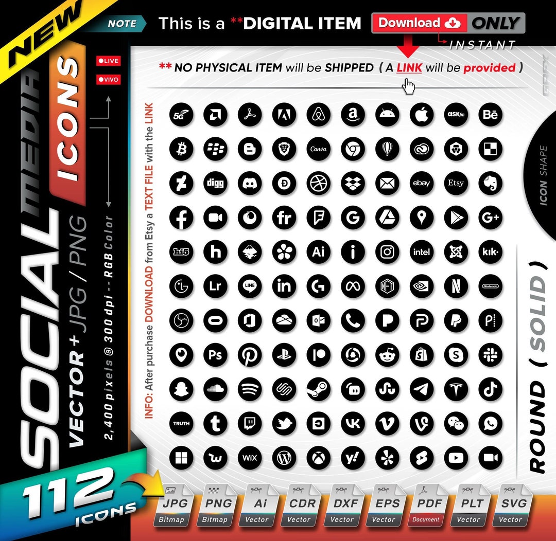 112 Social Media Icons: Round (solid) Black - Bitmap Jpg, Png / Vector ...