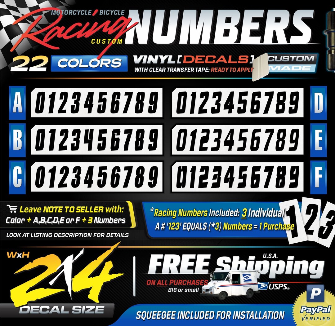 2x4 (3) Racing Numbers Vinyl Decal for Motorcycle, Bicycle ( Smaller ...