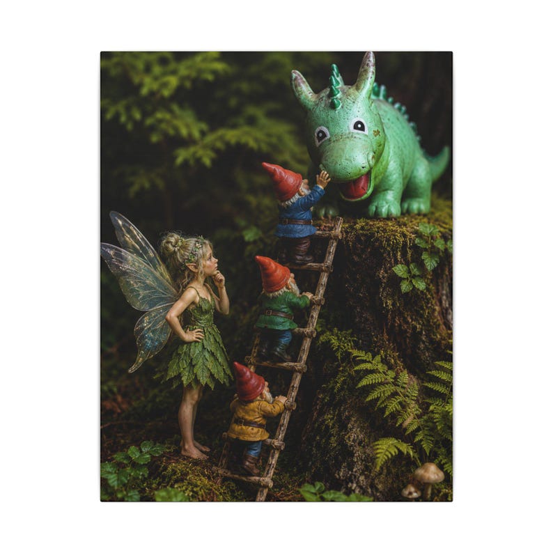 Fairy and Gnomes With Friendly Dragon Matte Canvas - Etsy