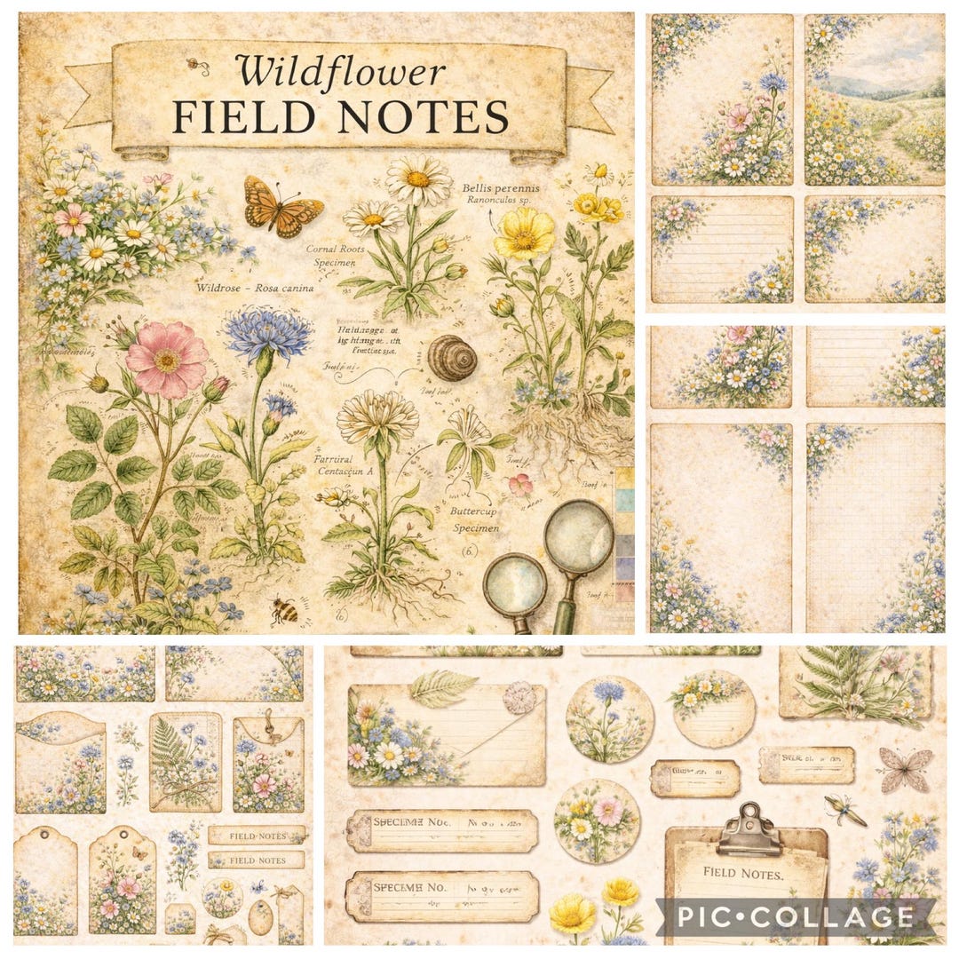 Wildflower Field Notes Digital Junk Journal Kit -botanical Ephemera ...