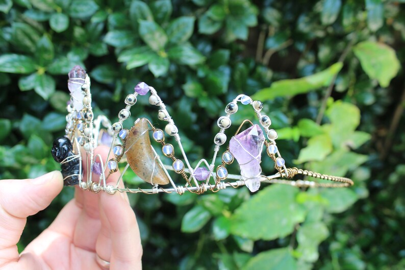 Wire Wrapped Crystal Crown With Carved Obsidian Buddha, Raw Amethsyt ...