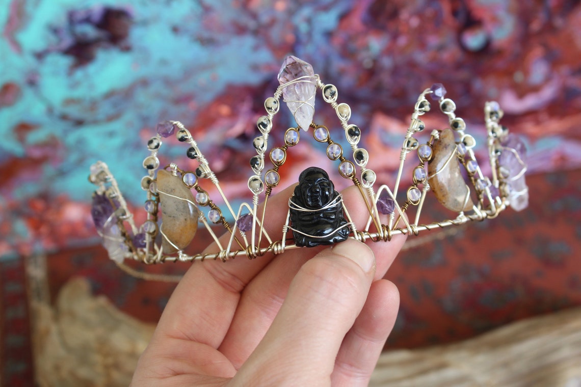Wire Wrapped Crystal Crown With Carved Obsidian Buddha Raw - Etsy
