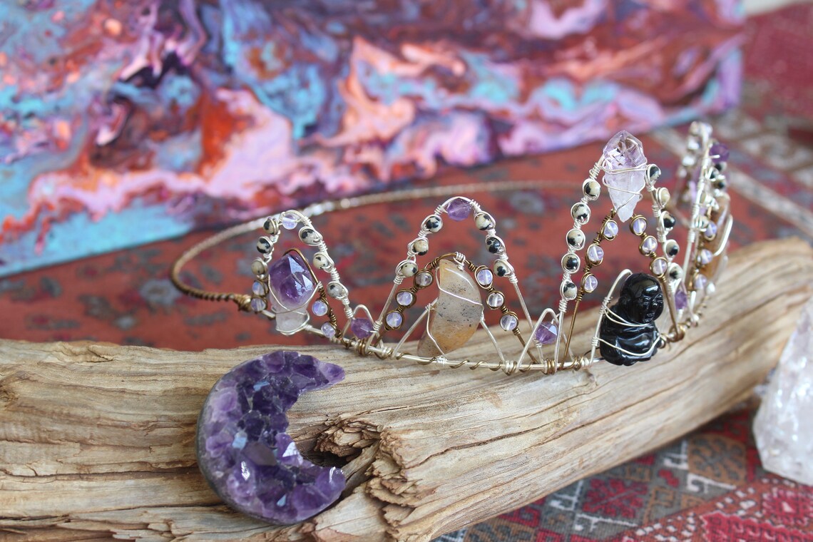 Wire Wrapped Crystal Crown With Carved Obsidian Buddha Raw - Etsy