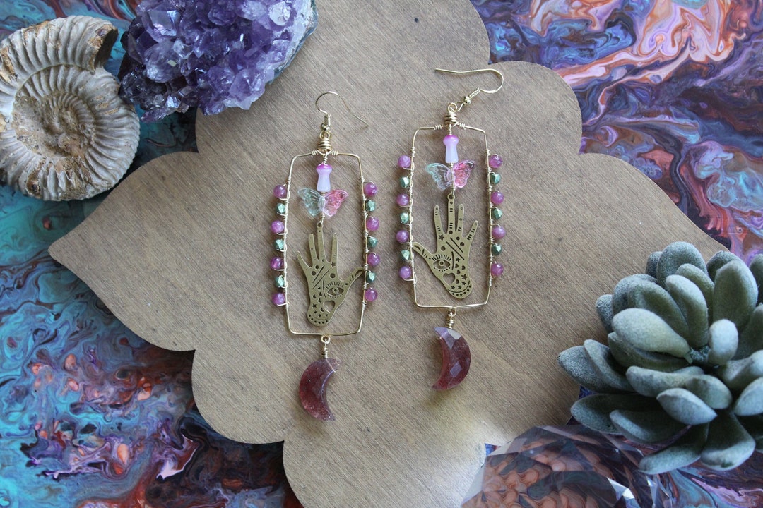 Wire Wrapped Fairy Core Earrings With Strawberry Quartz Crescent Moons ...