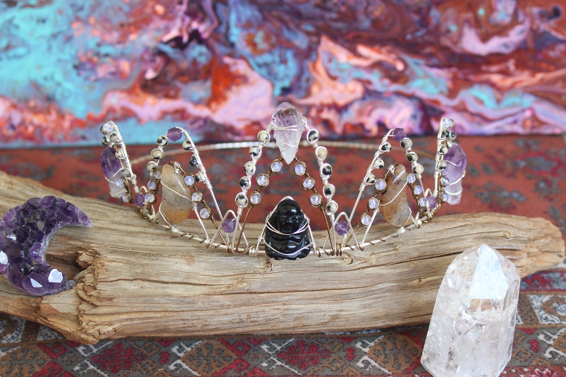 Wire Wrapped Crystal Crown With Carved Obsidian Buddha Raw - Etsy