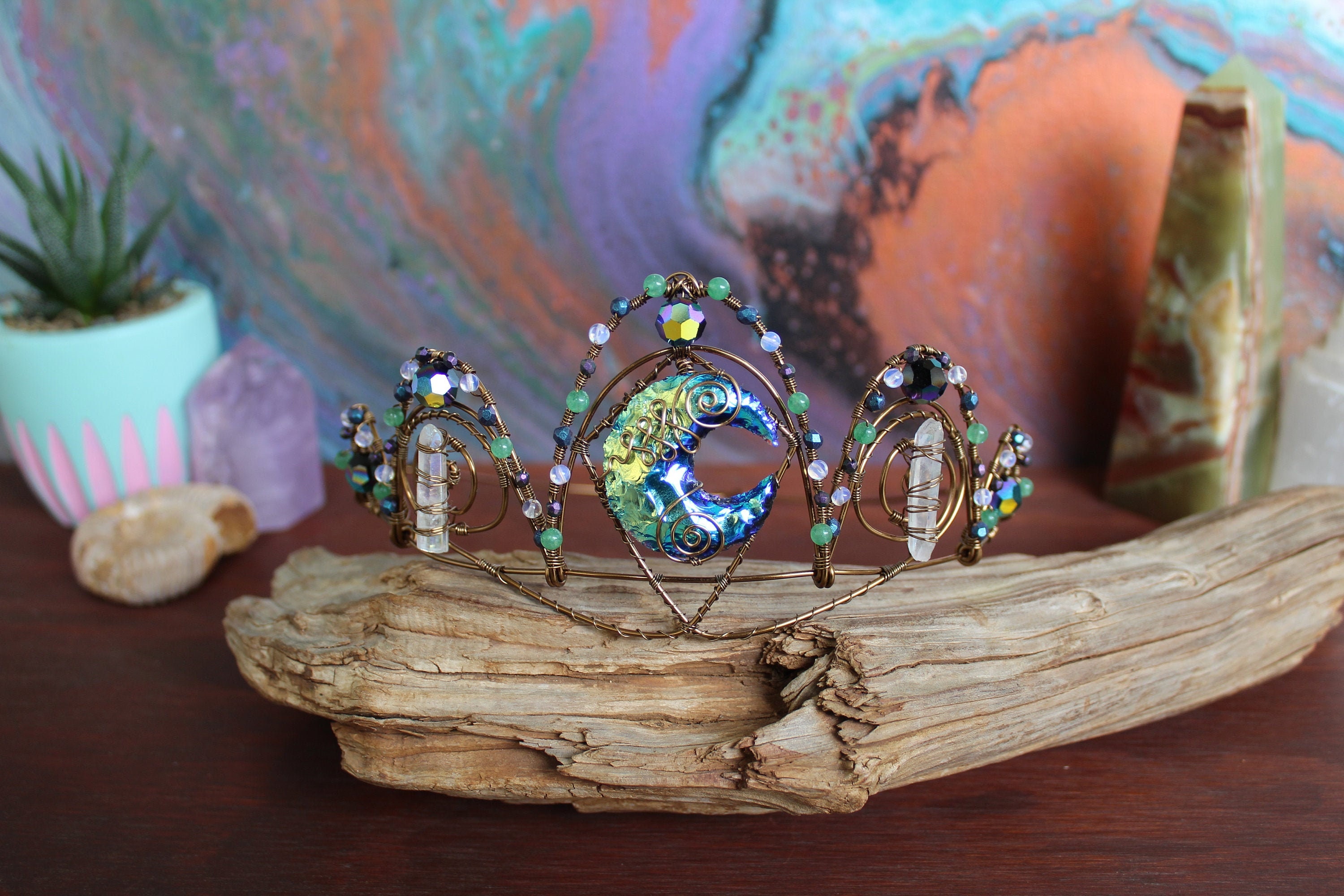 Moon Goddess Vibes Crystal Crown With Angel Aura Obsidian Crescent Moon ...