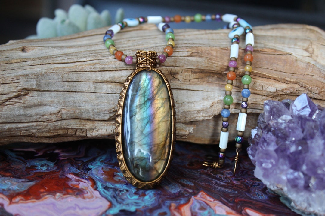 Wire Wrapped Spectrolite Pendant on a Full Length Handmade Beaded ...