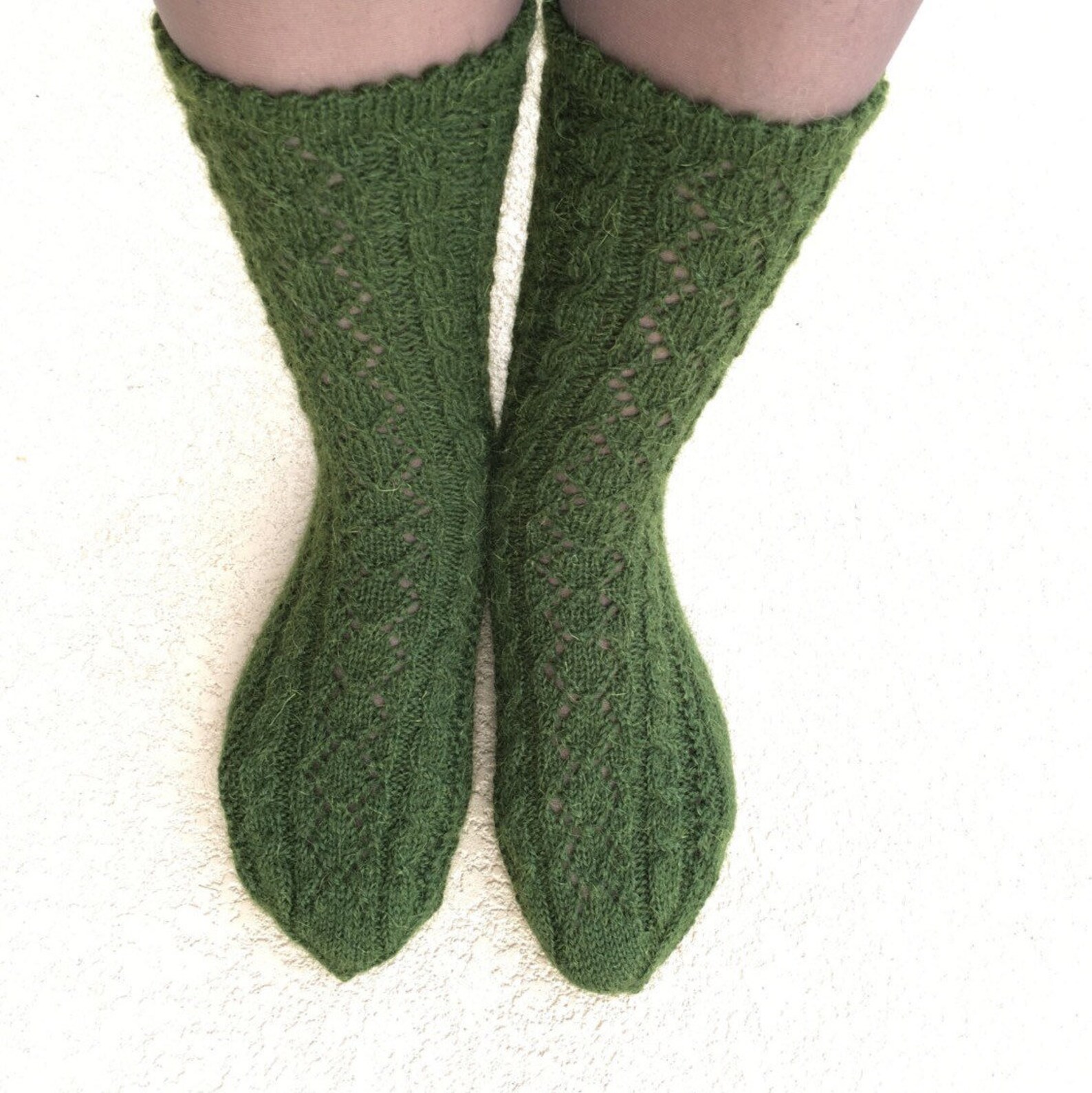 Hand Knit Socks Green Goat Wool Yarn Size 7-9 With Lace Pattern ...