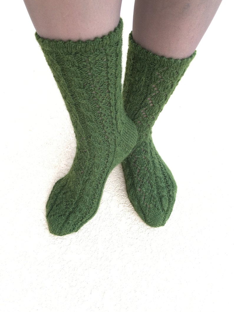 Hand Knit Socks Green Goat Wool Yarn Size 7-9 With Lace Pattern ...