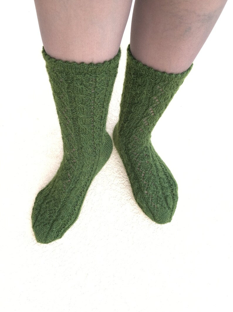 Hand Knit Socks Green Goat Wool Yarn Size 7-9 With Lace Pattern ...