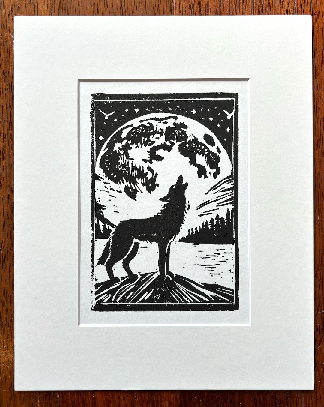 Wolf Moon Linocut Block Print Primitive Primal Lunar - Etsy