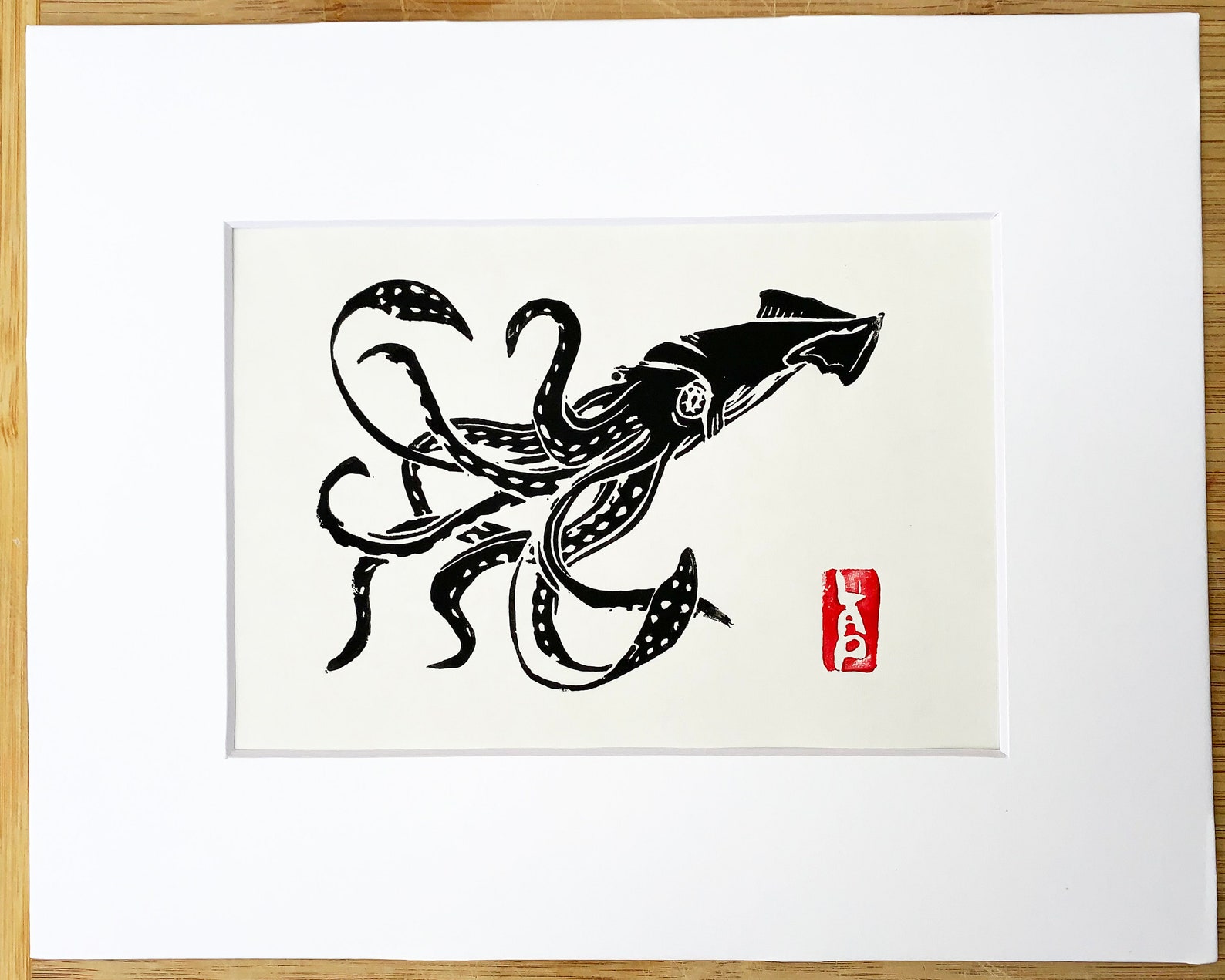 Squid Linocut Print - Lino Print Cephalopod Deep Ocean - Etsy
