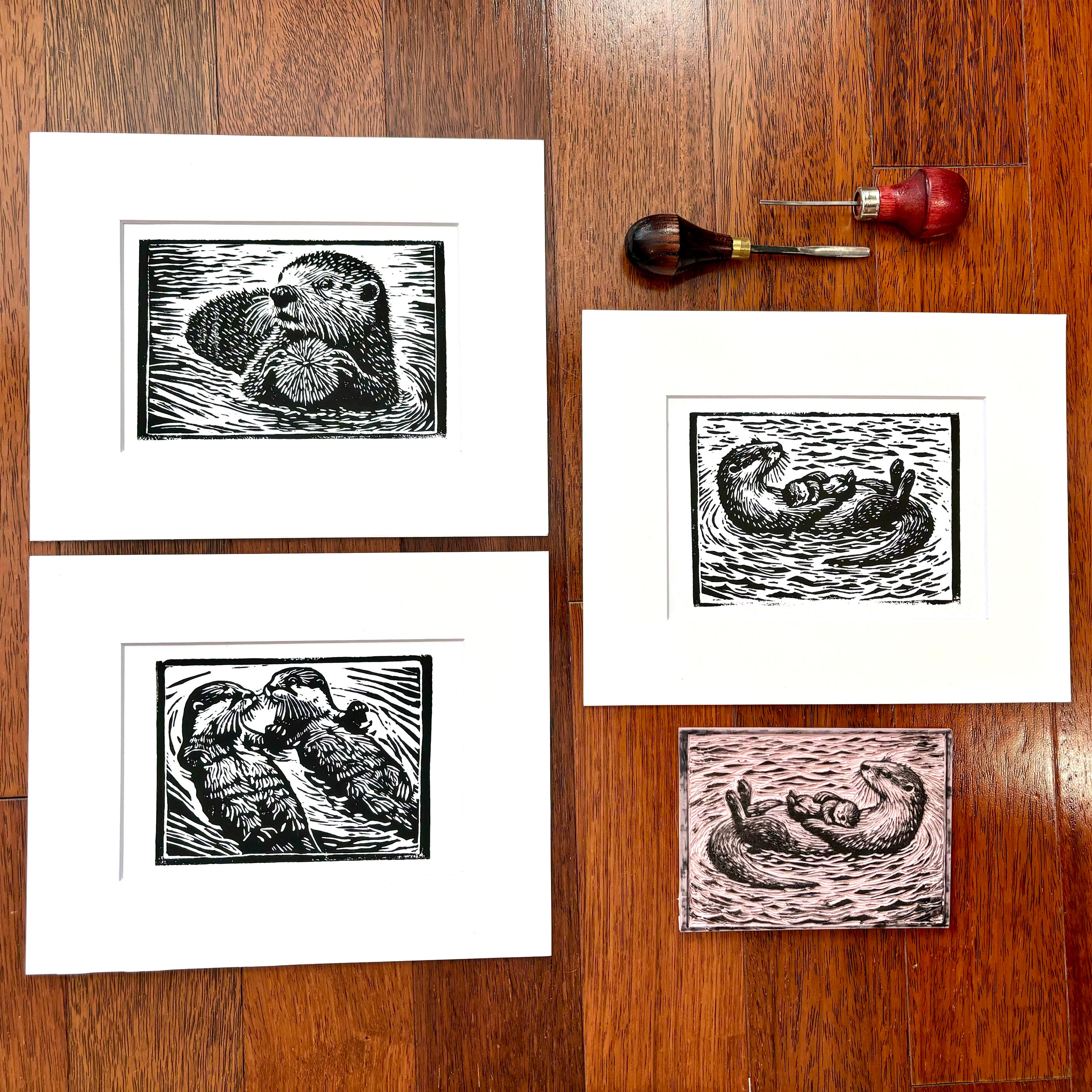 Otters Holding Hands Linocut Block Print Sea Otter - Etsy