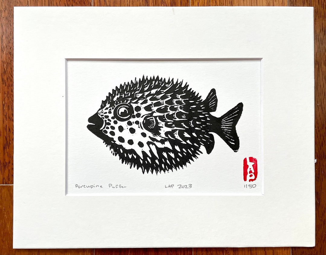 Spiny Puffer Fish Porcupine Puffer Fish Print - Linocut Block Print ...