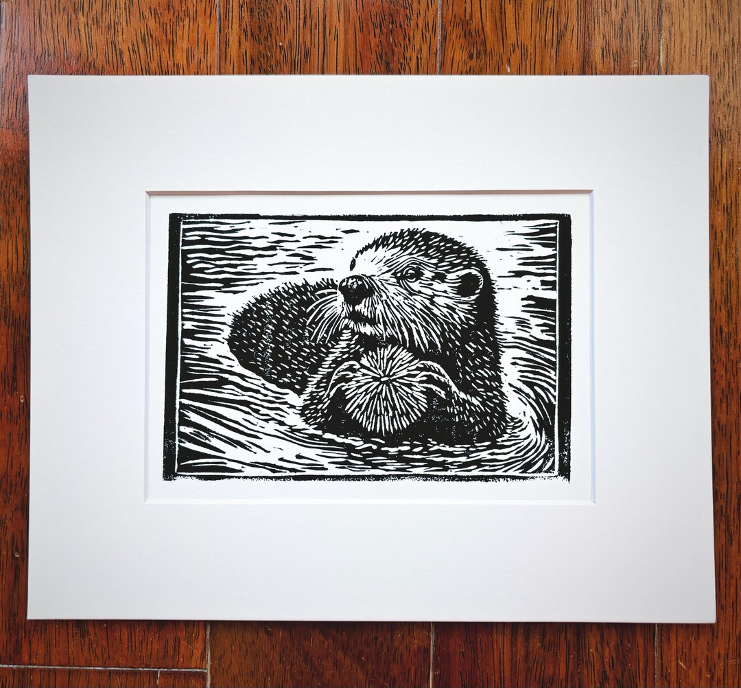 Otter With Sea Urchin Lino Print Block Print - Etsy