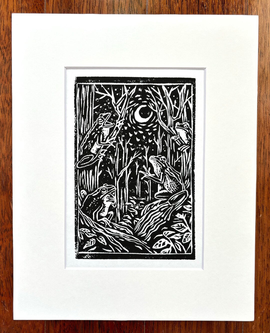 Frog Moon Toad Moon Linocut Block Print Spring Chorus Magical Forest - Etsy